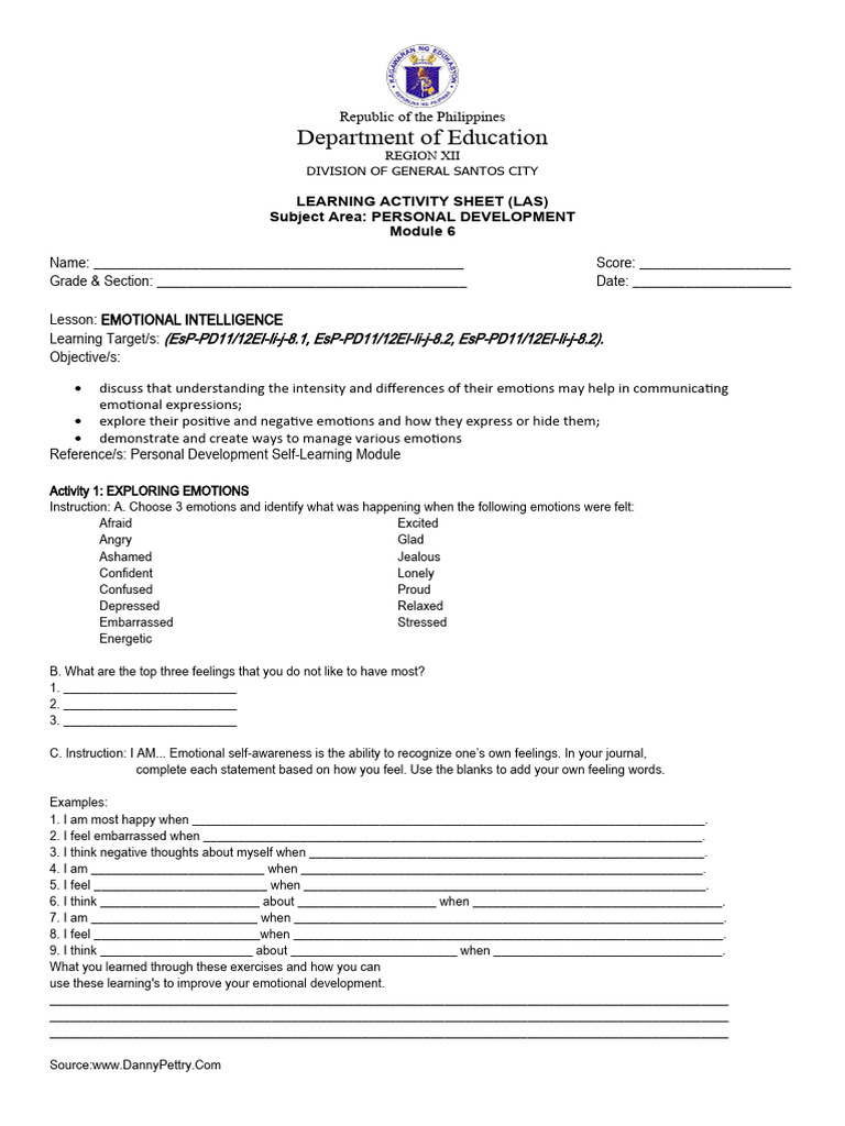 Las Module 6 Emotional Intelligence Pdf Emotions Feeling