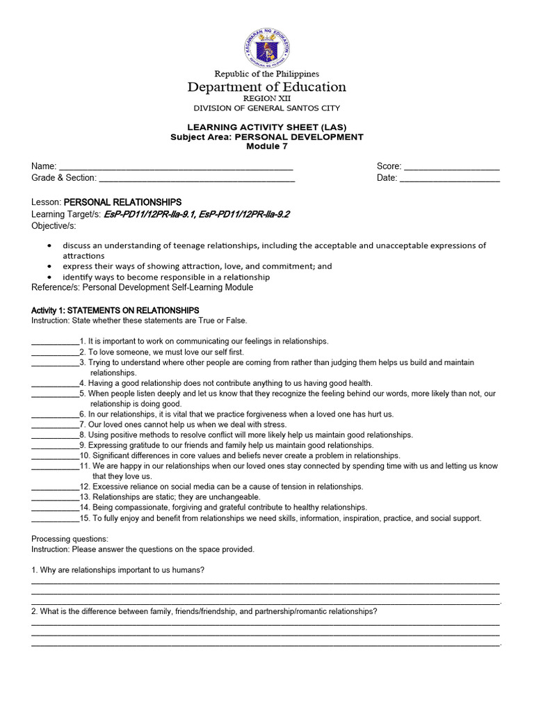 LAS-Module-7 (PERSONAL RELATIONSHIPS) | PDF