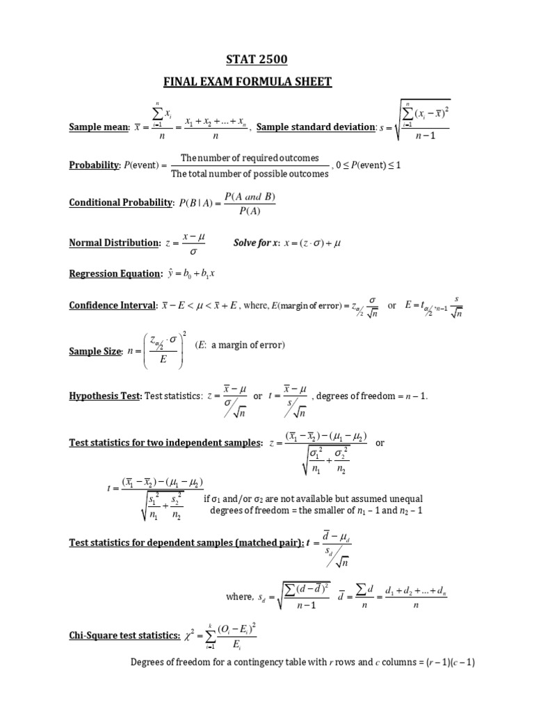 Stat 2500 Fomula Sheet For Final Exam Pdf Statistics Errors And