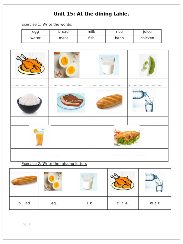 Unit 15: at The Dining Table.: Exercise 1: W Rite The Words: Egg Bread ...