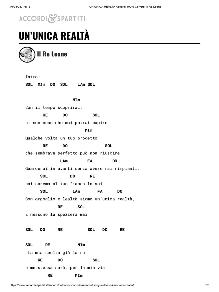 UN'UNICA REALTÀ Accordi 100% Corretti - Il Re Leone | PDF