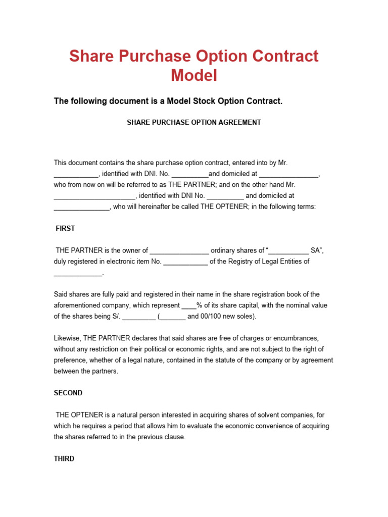 Share Purchase Option Contract Model | PDF | Civil Law (Legal System ...