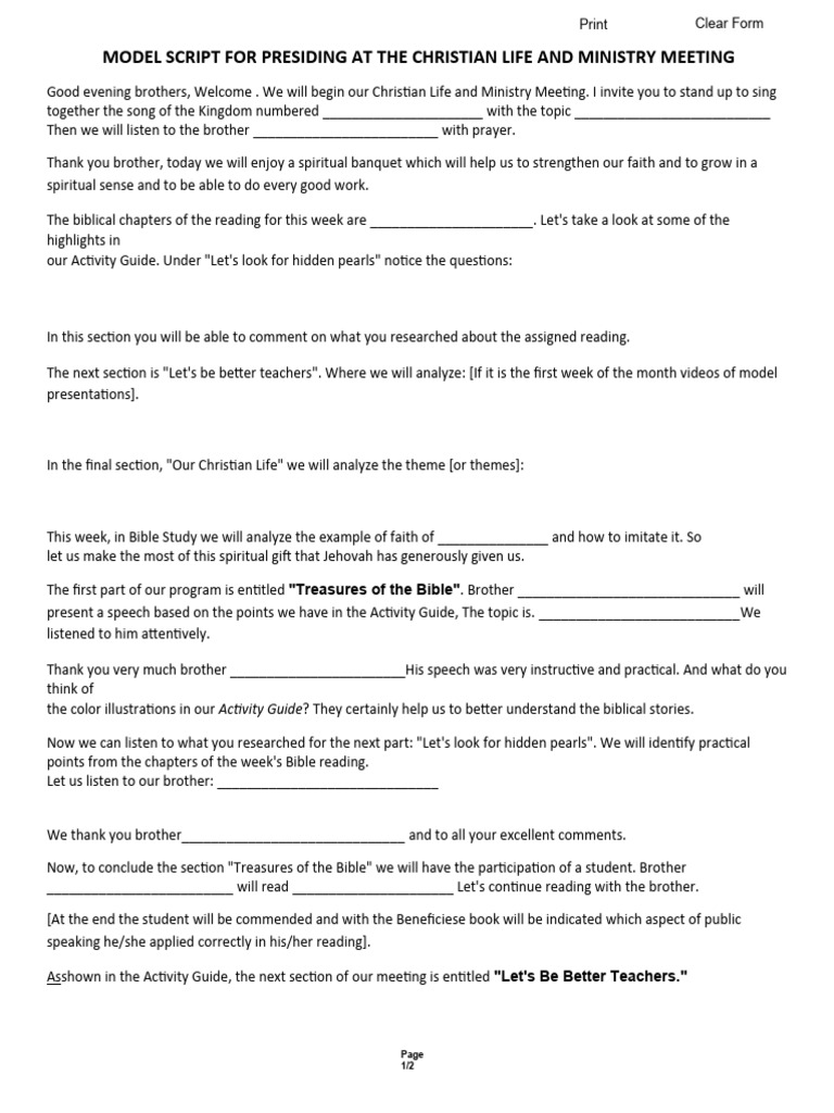Model Script For Presiding at The Christian Life and Ministry Meeting ...