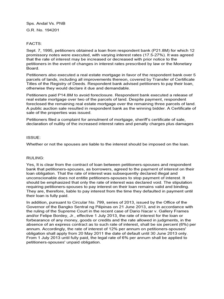 ANDAL Vs PNB Case Digest | PDF