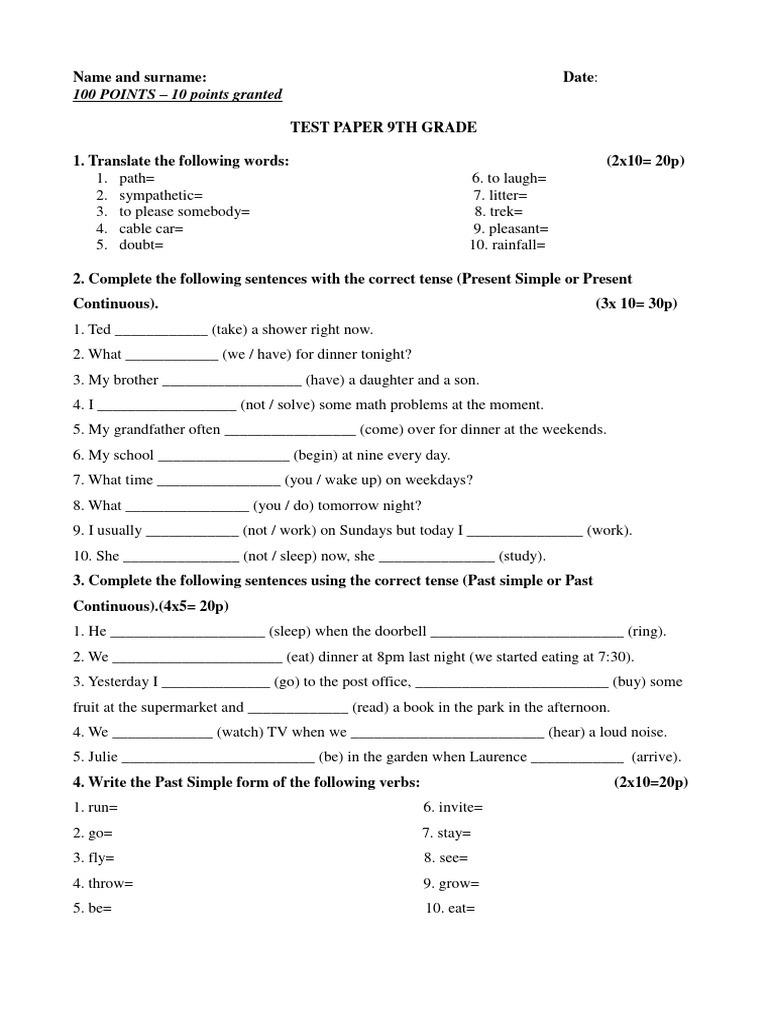 9th Grade English Test Paper | PDF
