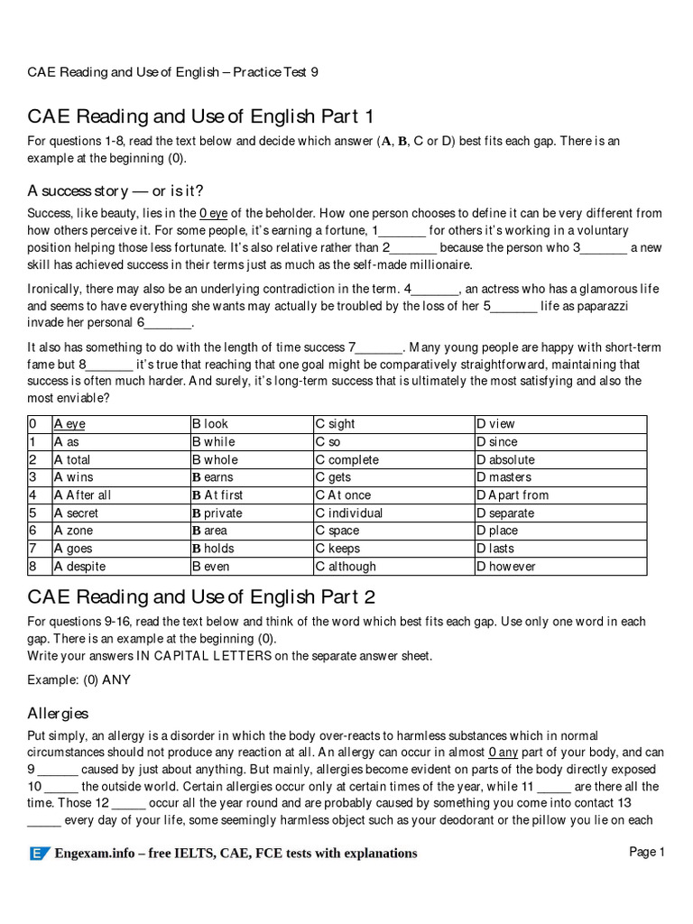CAE Reading and Use of English Practice Test 9 Printable | PDF ...