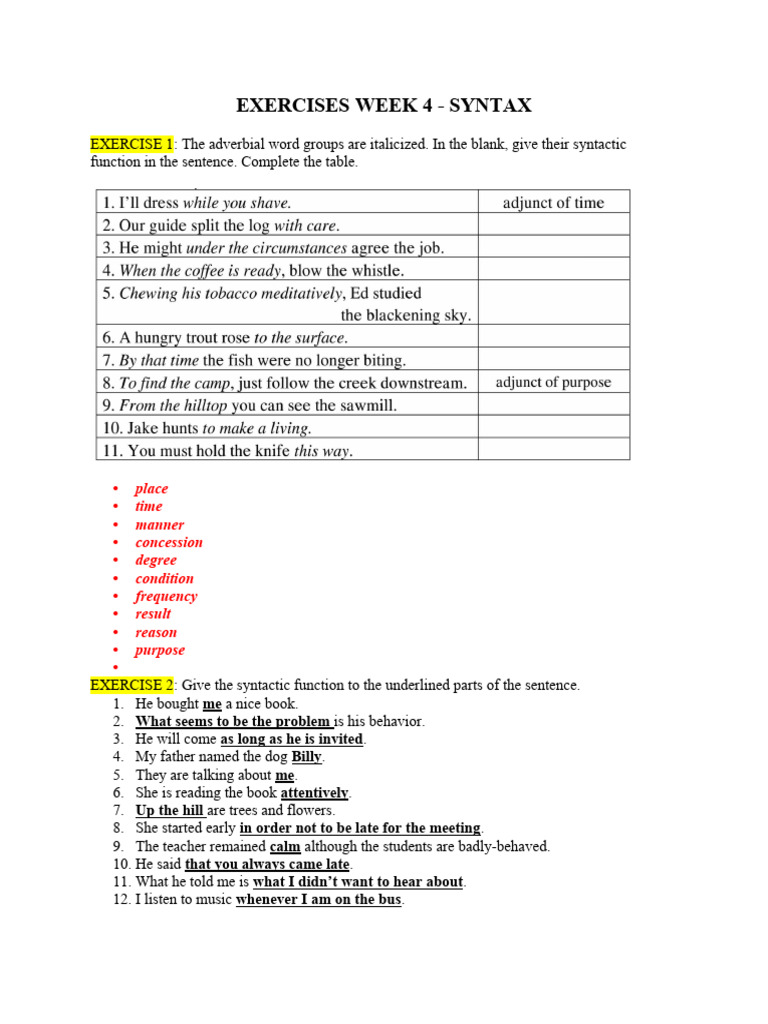 Syntax Exercises for Week 4 | PDF