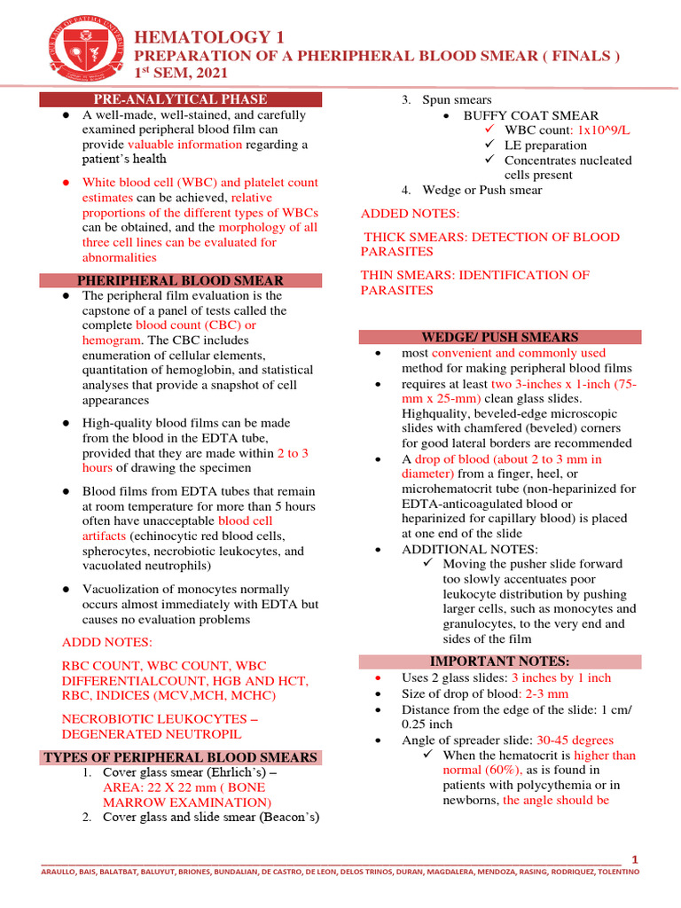 Hema Lab Peripheral Blood Smears w2 Finals | PDF | Staining | White Blood Cell