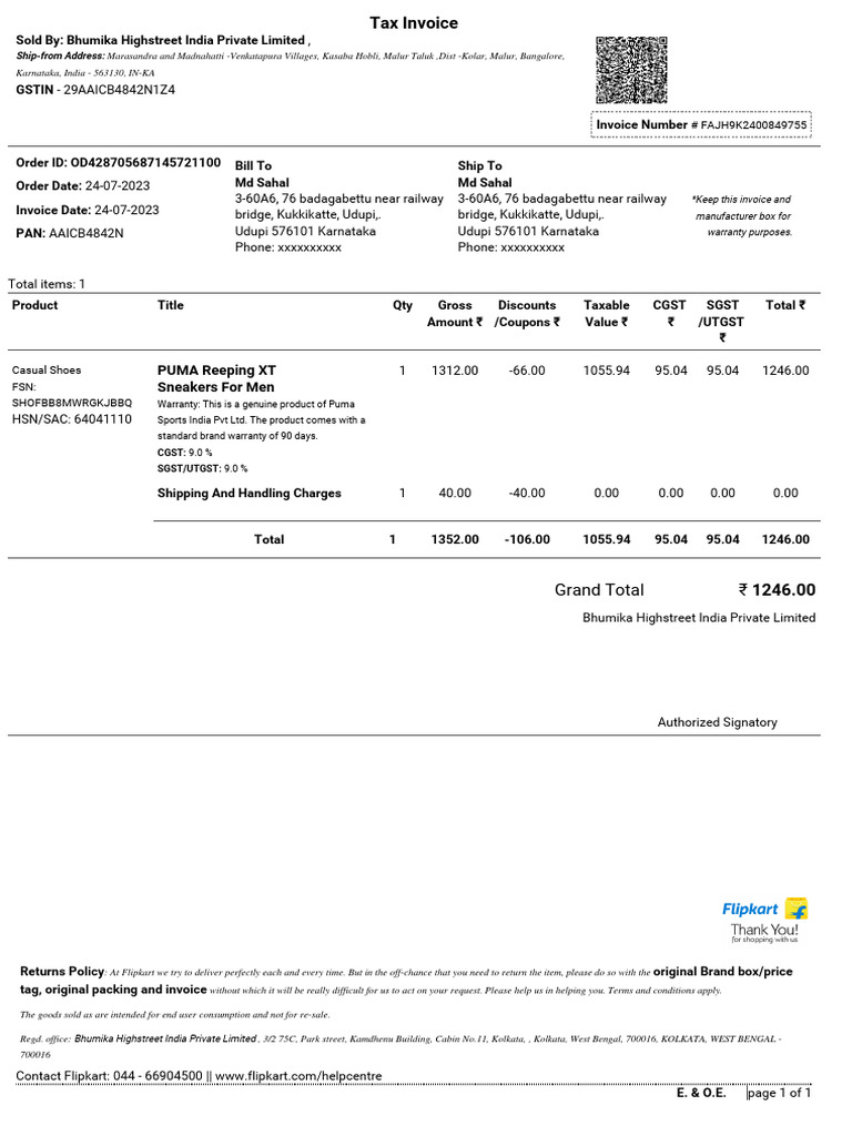 Invoice for PUMA Sneakers Purchase | PDF | Government Finances | Payments