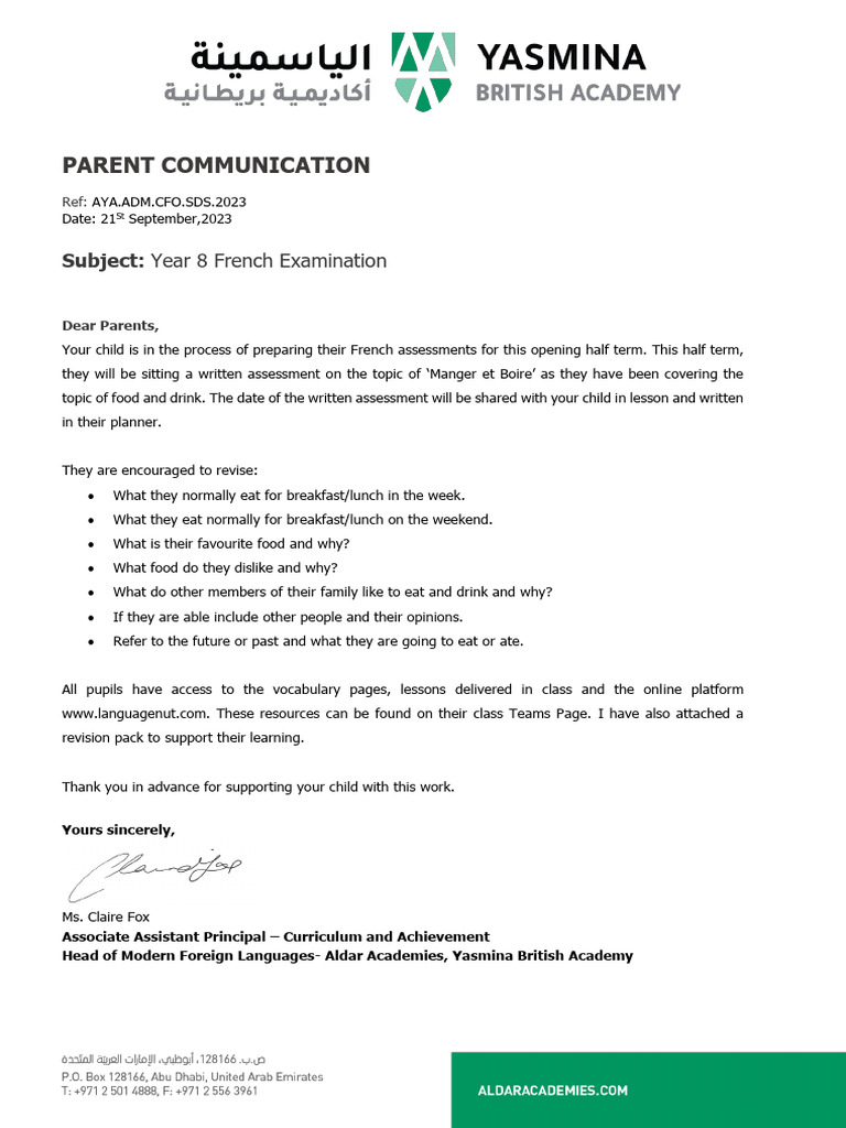 Yasmina British Academy - Year 8 French Assessment Parent Letter | PDF
