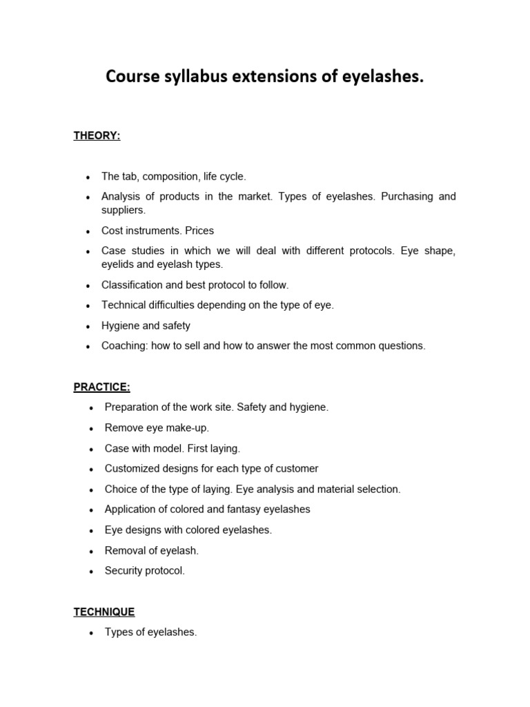 Eyelash Extensions Course Agenda | PDF