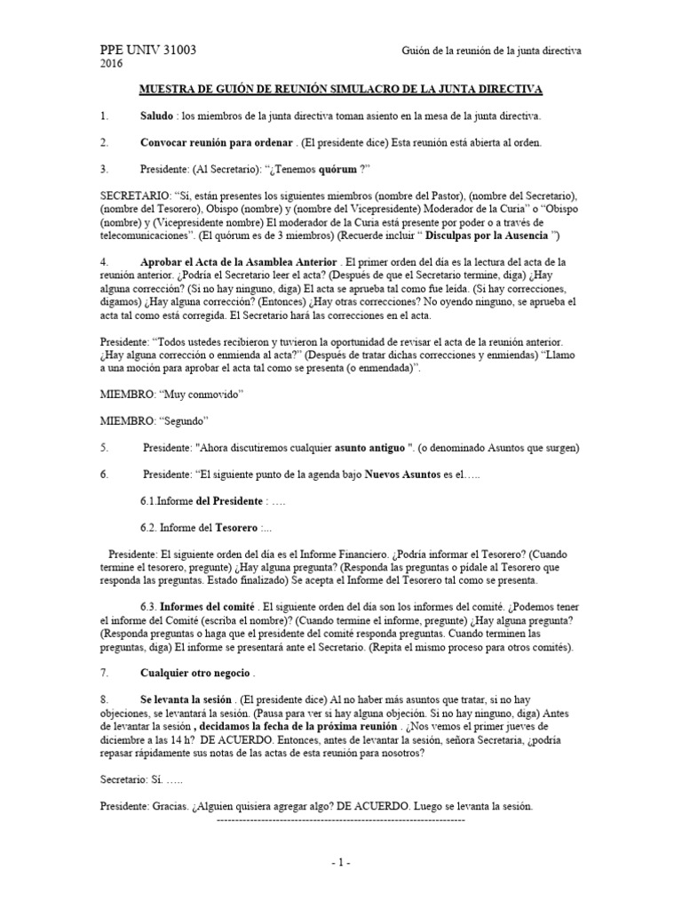Ejemplo de guión de reunión de la junta directiva | PDF | Gobierno