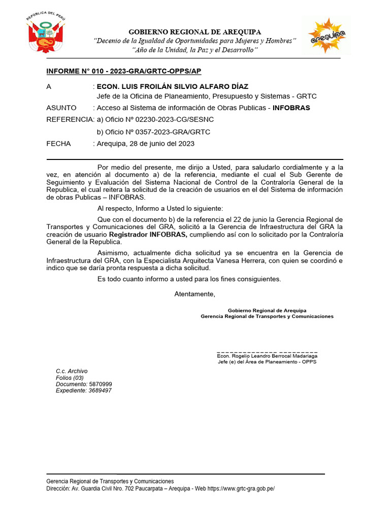 Informe 010-2023-GRTC-OPPS - Acceso A INFOBRAS | PDF