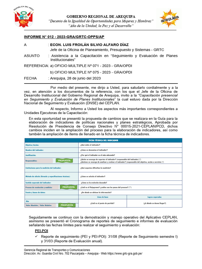 Informe 012-2023-GRTC-OPPS - Capacitación CEPLAN Presentación Aplicativo | PDF
