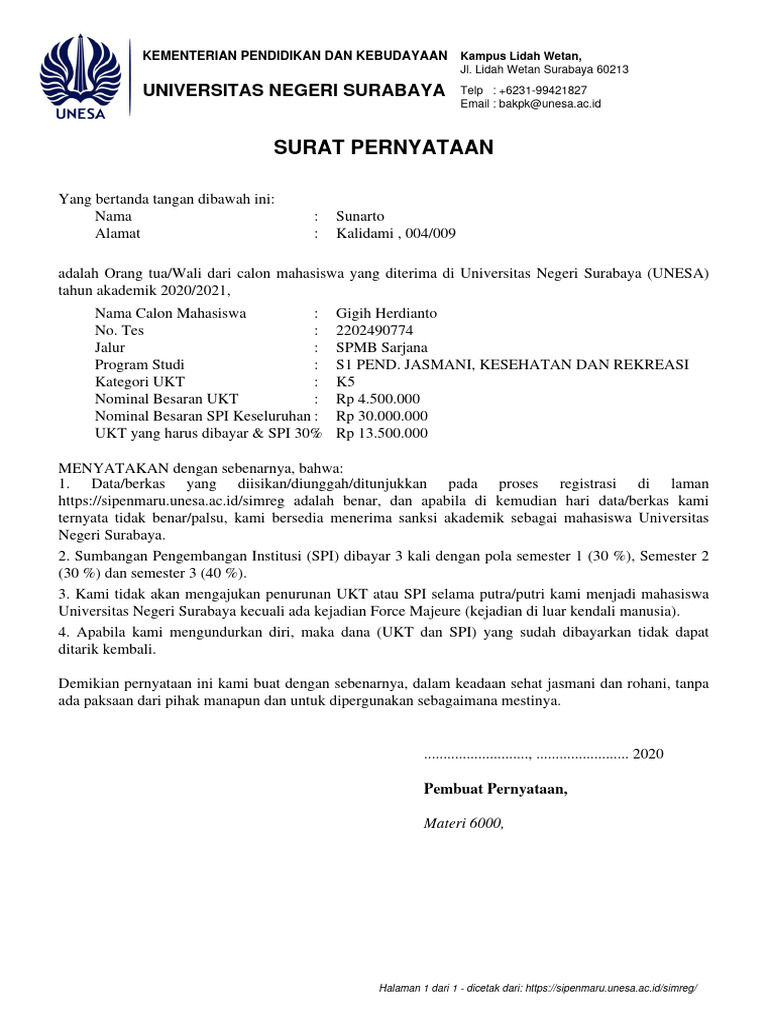 Surat pernyataan ukt | PDF