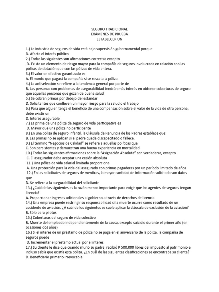 Examen Simulado Tradicional Pdf Póliza De Seguros Seguro