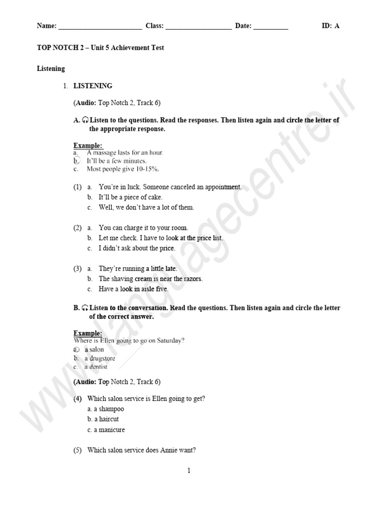 Top Notch 2A - Unit-5-Test (WWW - Languagecentre.ir) | PDF