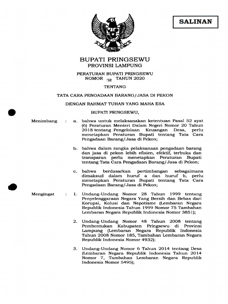 Perbup Nomor 52 Tahun 2020 | PDF