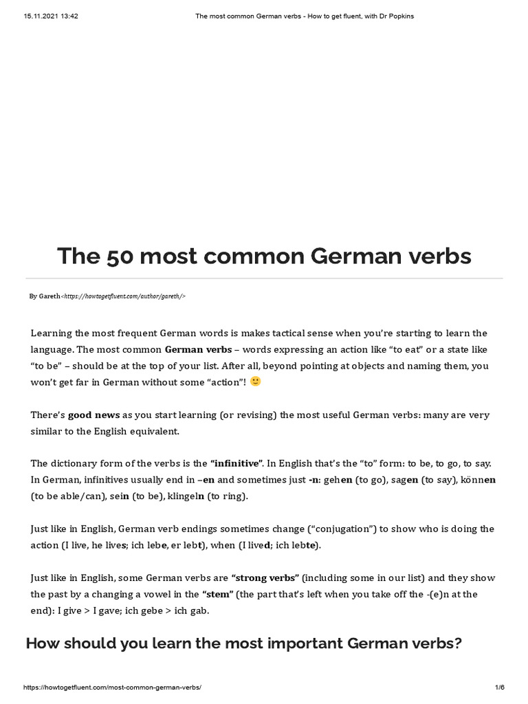The Most Common German Verbs - How To Get Fluent, With DR Popkins | PDF ...