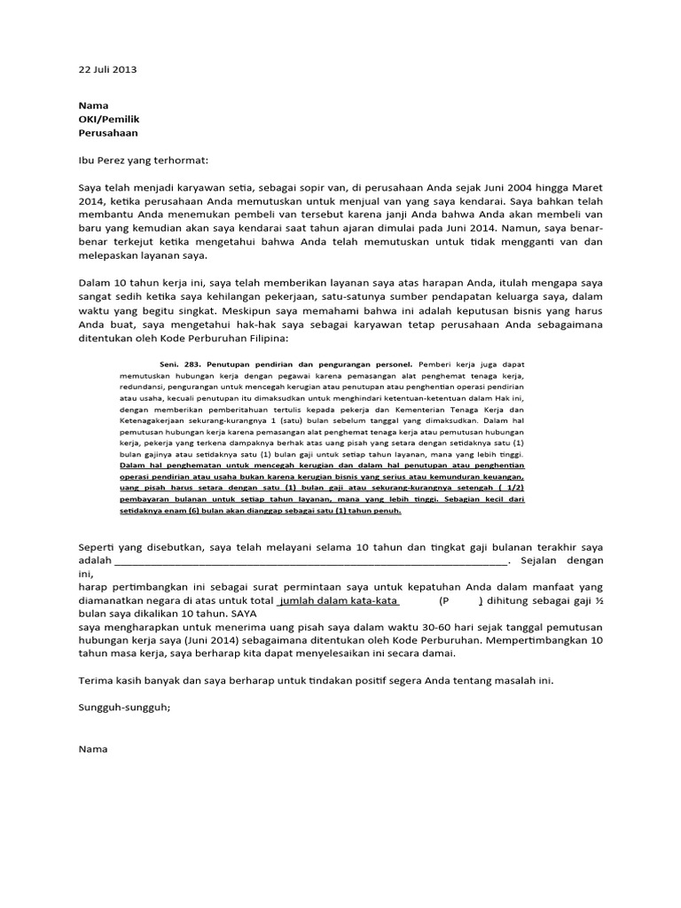 Surat Permohonan Uang Pisah Karyawan | PDF