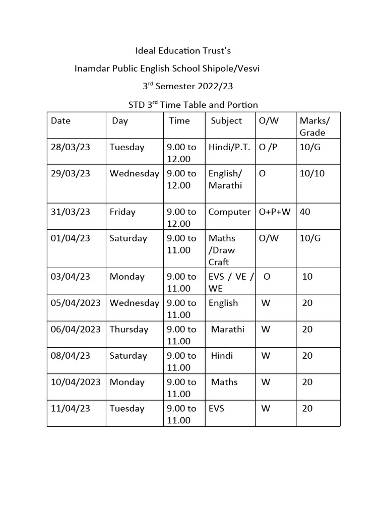 3nd STD Sem 2 Time Table PDF