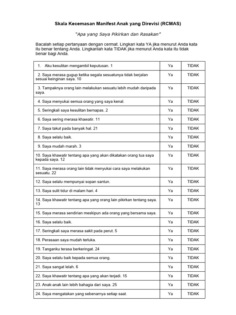 Skala Kecemasan Anak RCMAS | PDF | Pengembangan Diri