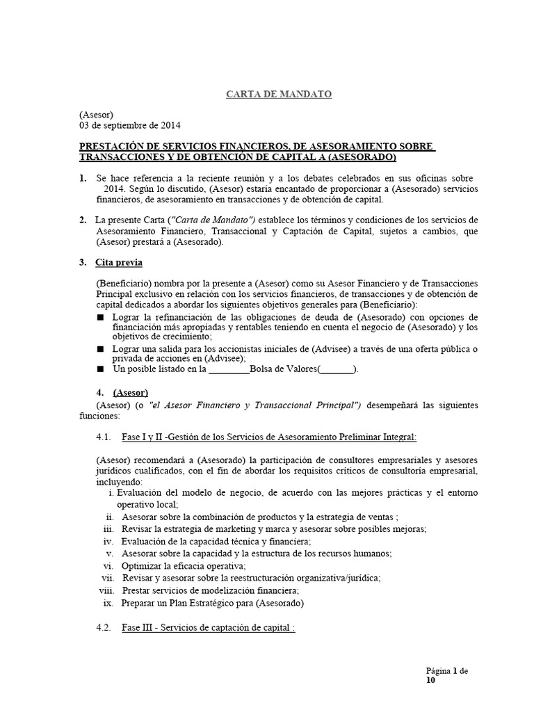 Ejemplo de Carta de Mandato Financiero | PDF | Marketing | Arbitraje