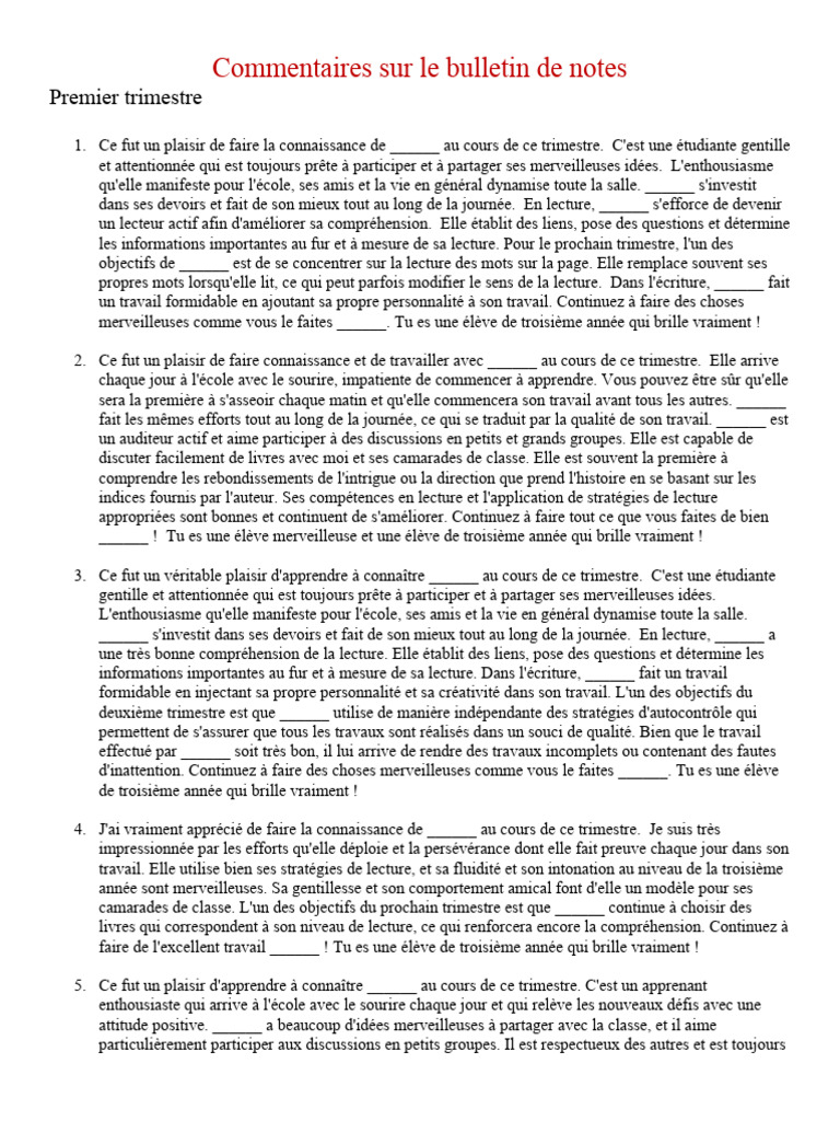 Exemples de Commentaires Sur Les Bulletins Scolaires | PDF