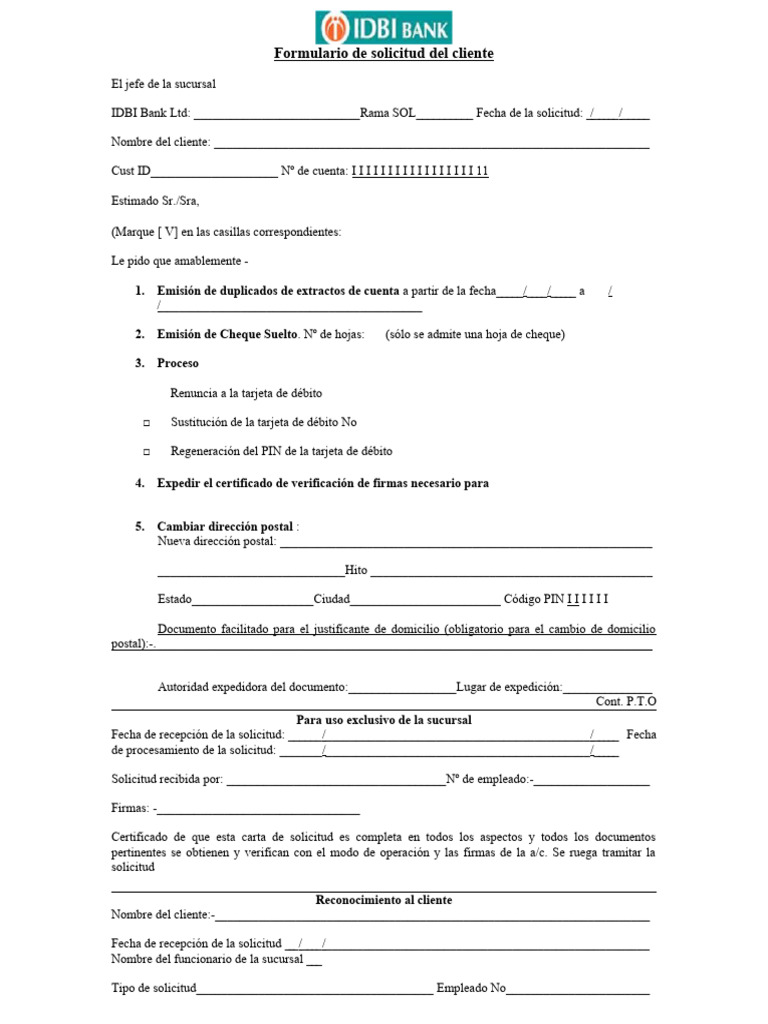 Formulario de Solicitud de Cliente de IDBI BANK | PDF