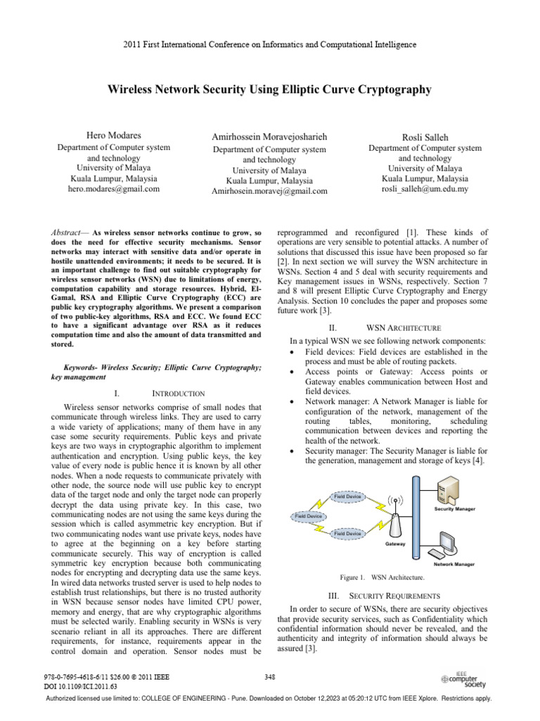 1 Wireless Network Security Using Elliptic Curve Cryptography | PDF