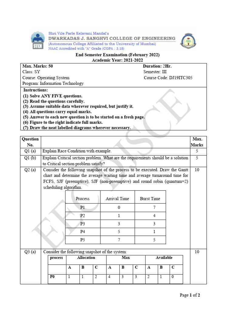 IT Sem III - OS - Feb 2022 | PDF