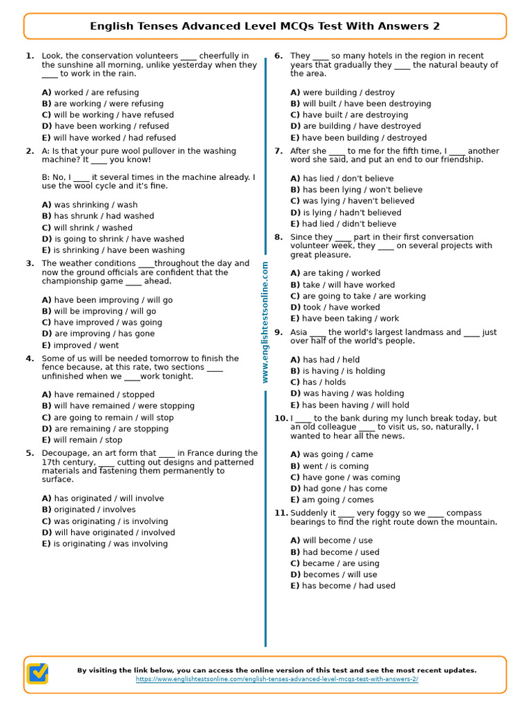 885 English Tenses Advanced Level Mcqs Test With Answers 2 | PDF ...