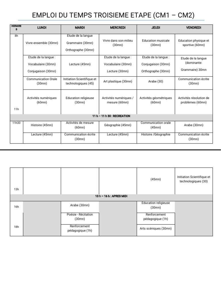 Emploi Du Temps CM | PDF