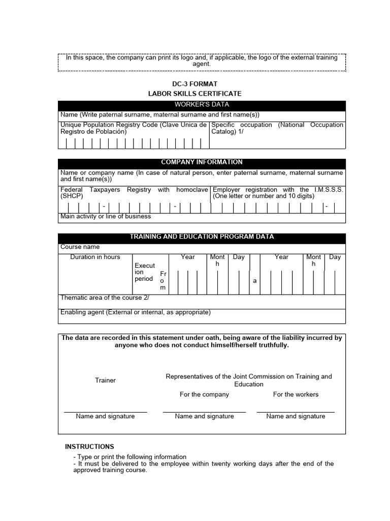 Format dc3 Certificate of Labor Skills | Download Free PDF ...