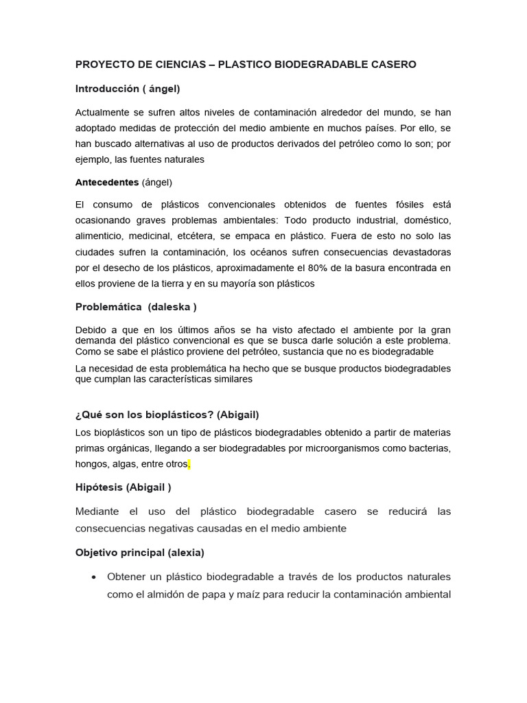 Proyecto de Plástico Biodegradable Casero | PDF