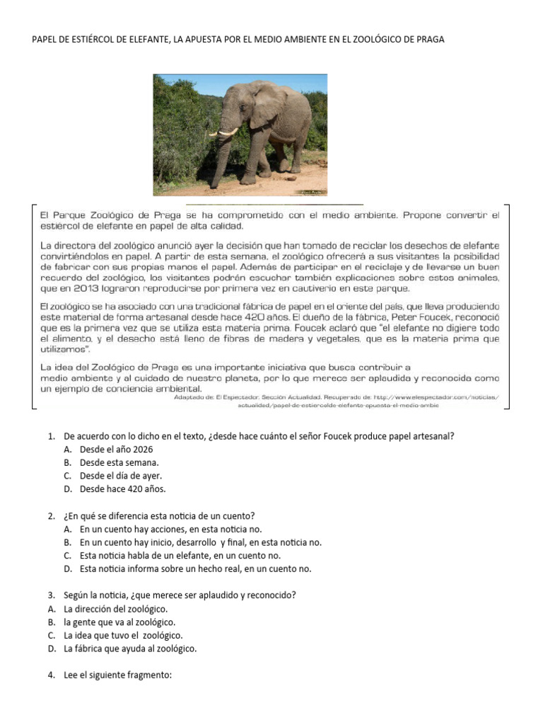 Comprensión Lectora: Papel de Elefante | PDF | Estudios de idiomas ...
