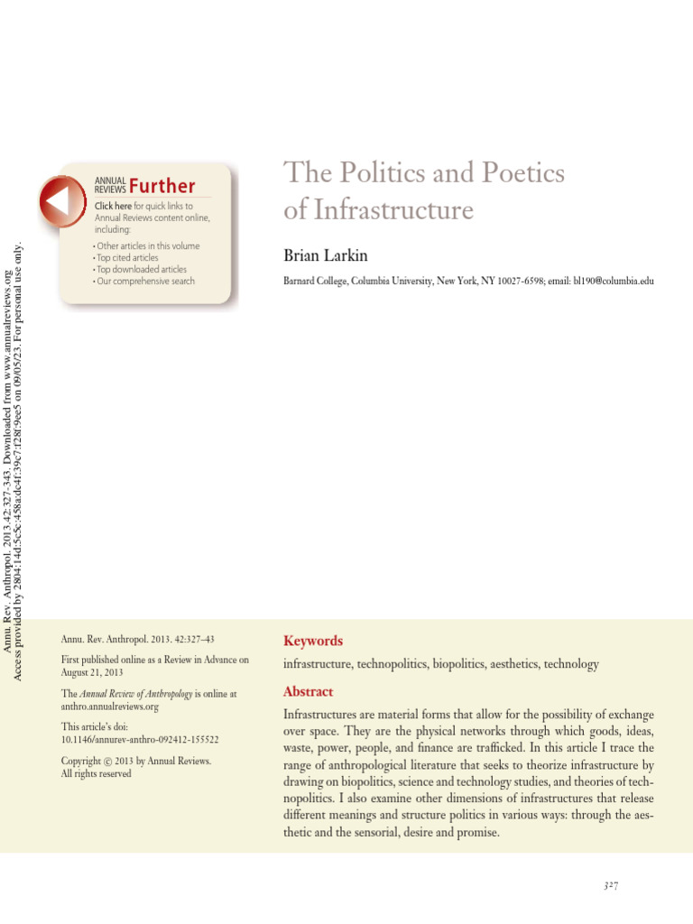 LARKIN, Brian. The Politics and Poetics of Infrastructure. Annual ...