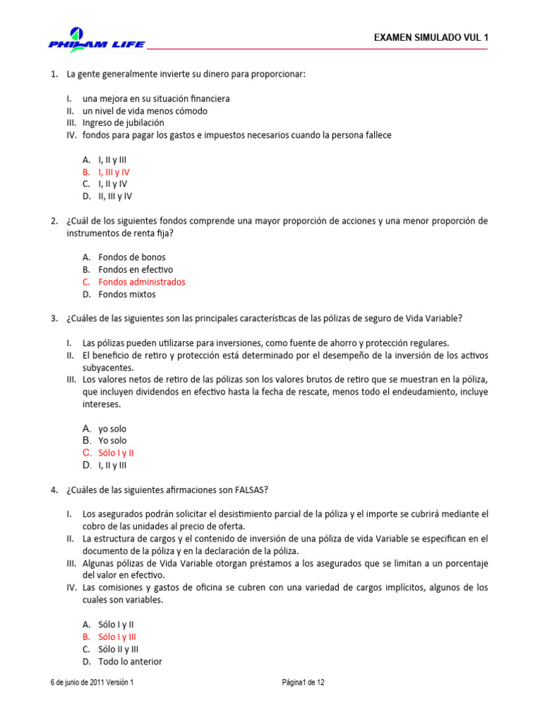 Examen Simulado VUL 1 - 6 de Junio de 2011 Versión 1 | PDF | Póliza de ...