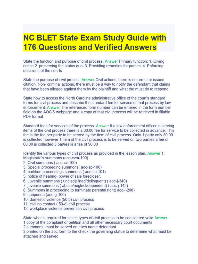 NC BLET State Exam Study Guide With 176 Questions and Verified Answers ... NC BLET State Exam Study Guide With 176 Questions and Verified Answers ...