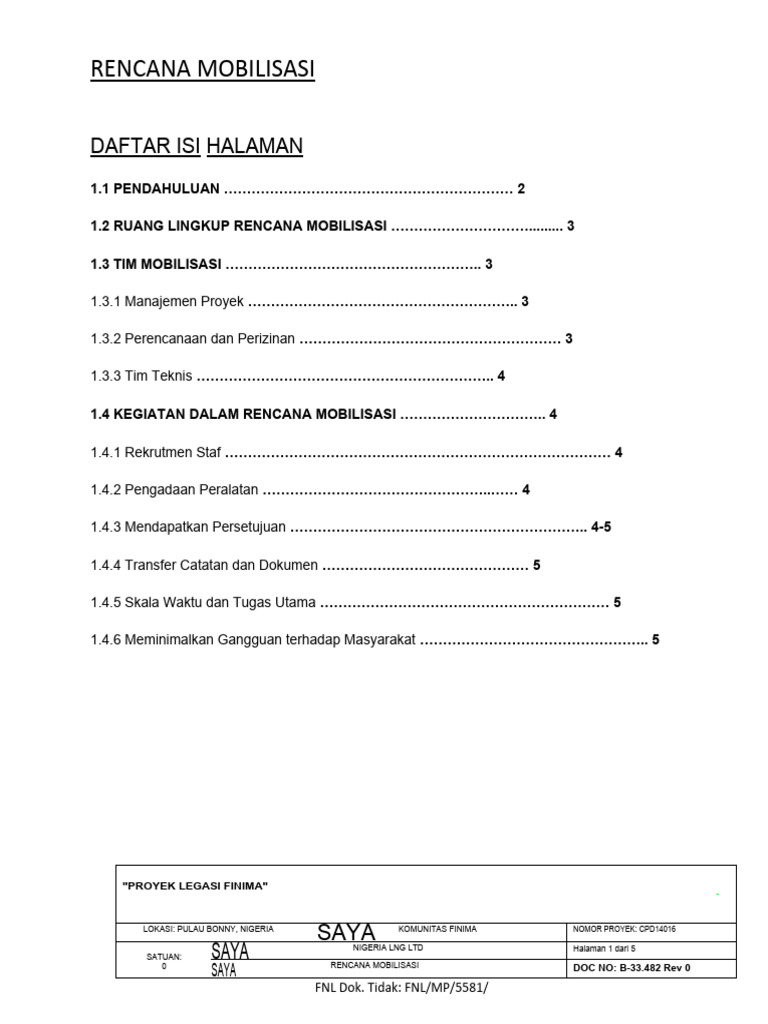 Rencana Mobilisasi Proyek Finima | PDF
