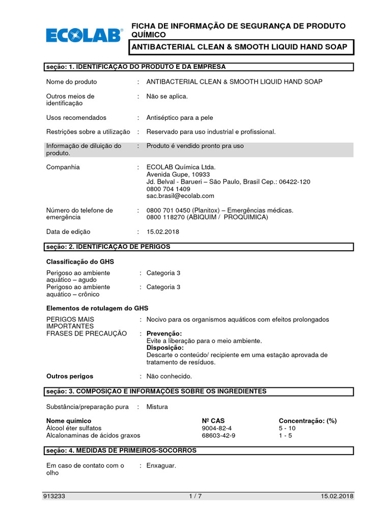 Ficha de Informação de Segurança de Produto Químico Antibacterial Clean ...
