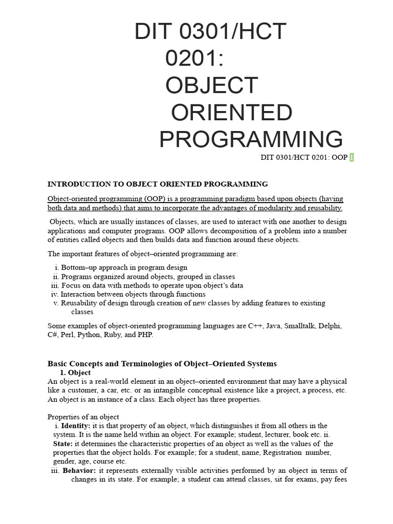 DIT 0301/HCT 0201: Object Oriented Programming | PDF