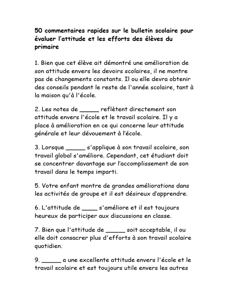 50 Commentaires Rapides Sur Le Bulletin Scolaire Pour Évaluer L ...