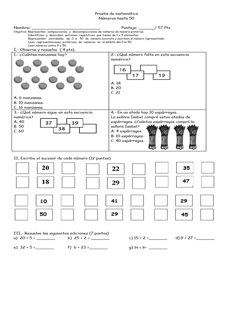 332767234 Prueba de Matematica Numeros Hasta 50 | PDF