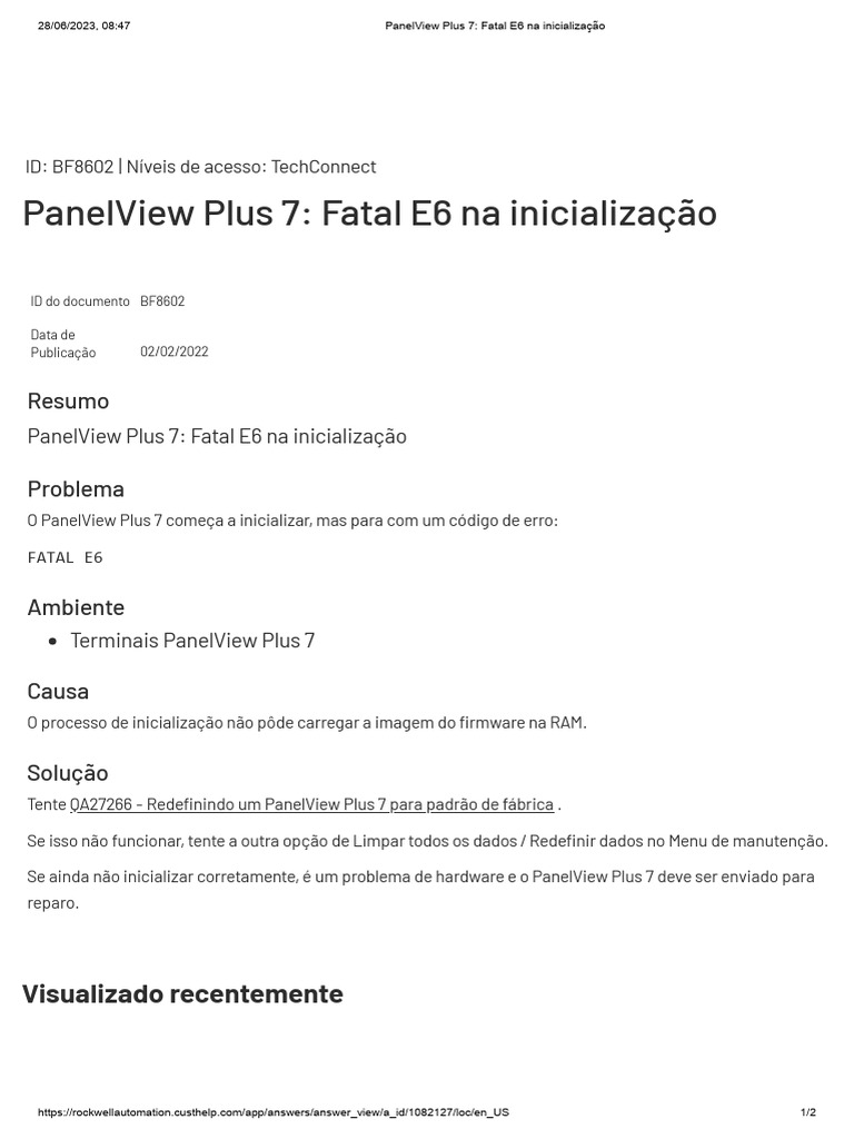 PanelView Plus 7 - Fatal E6 Na Inicialização | PDF