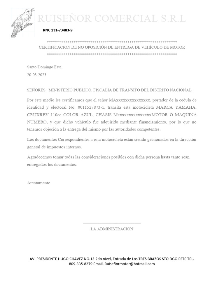 Carta de Ruta Valida Por 30 Dias | PDF | Negocios | Finanzas y dinero