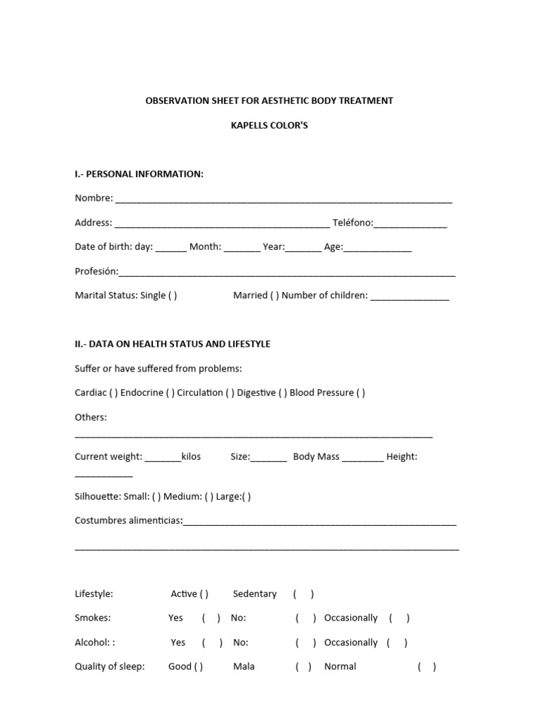 Observation Sheet For Body Aesthetic Treatment | PDF | Clinical ...