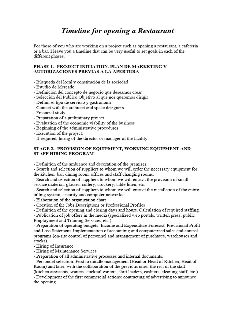 Timeline For Opening A Restaurant | PDF | Restaurants | Kitchen