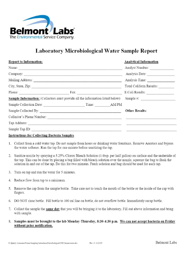 Laboratory Microbiological Water Sample Report | PDF