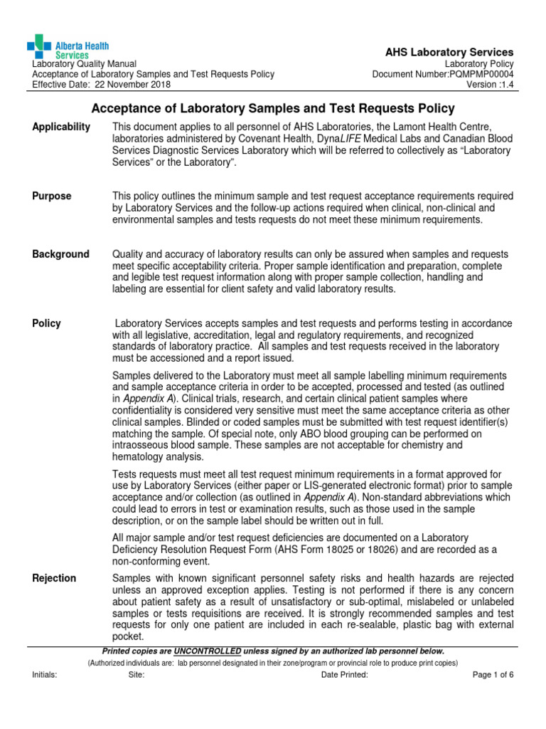WF Lab Acceptance of Laboratory Samples and Test Requests Policy | PDF ...